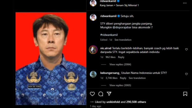 Ikut Komentari Meme Shin Tae-yong Pakai Seragam PNS, Ridwan Kamil ...